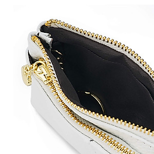 ZOOEASS Coin Purse Women Genuine Leather Zip Mini Purse With Key Ring Triple Zipper Card Holder Wallet (White)