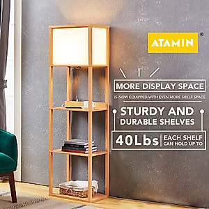 ATAMIN Avery Plus Charging Edition - 63" Floor Lamp with USB-C Charging Station, Shelf Lamp for Living Room and Bedroom, Standing Lamp with Shelves, USB, USB-C, and Power Outlet (Natural Wood)