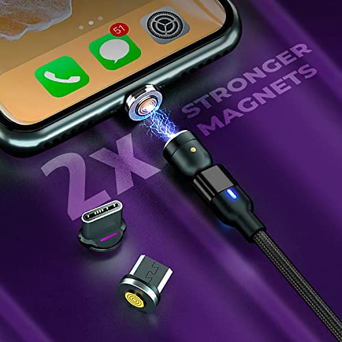 Statik 360 Pro Magnetic Charging Cable 100W Fast Charge Type C and Micro USB Magnet Connectors, 100 W Magnetic Charge Cable 6ft/2m, Data Transfer Capable, Compatible with All Devices