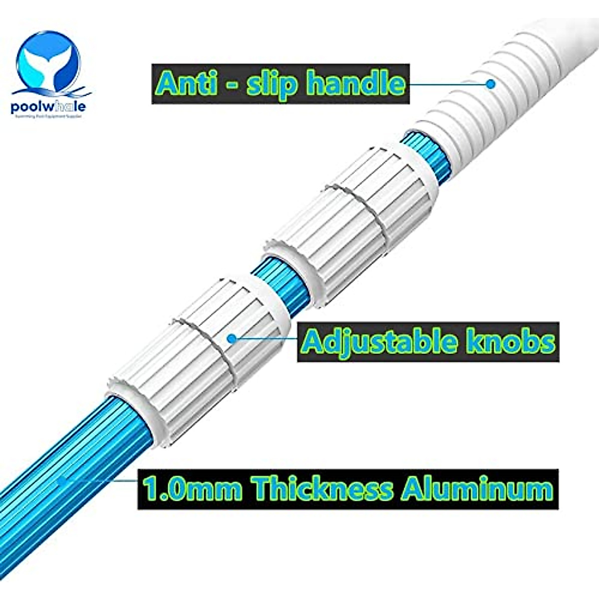 POOLWHALE Professional 12 Foot Blue Anodized Aluminum Telescopic Swimming Pool Pole,Adjustable 3 Piece Expandable Step-Up,for Skimmer Nets, Vacuum Heads and Brushes, Strong Grip & Lock