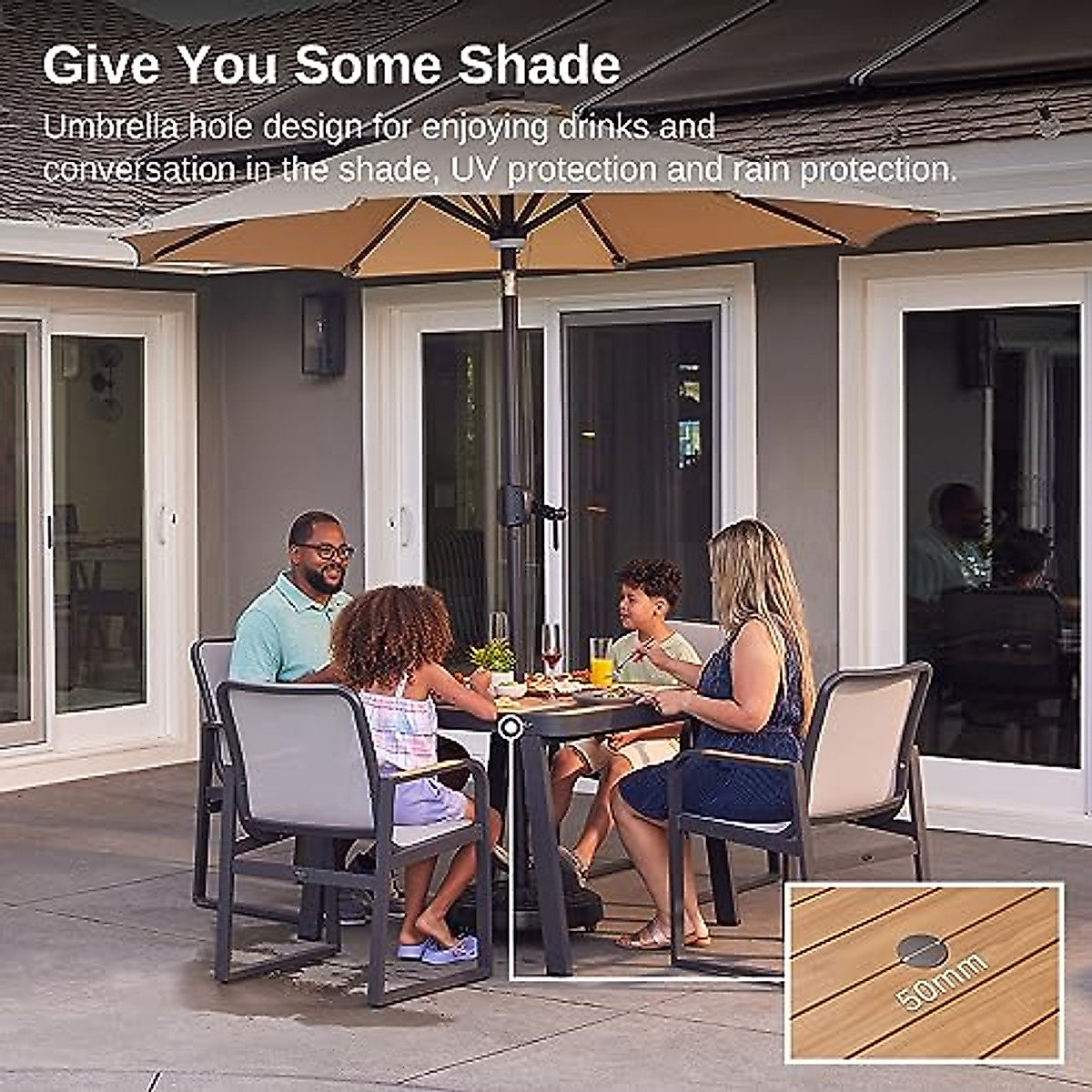 EAST OAK Signature 5 Pieces Outdoor Dining Set, Patio Furniture Set with Finest Teak Wood, Powder-Coated Aluminum Frame Table and Teslin Fabric Chairs, Patio Dining Set for Garden and Yard, Dark Grey