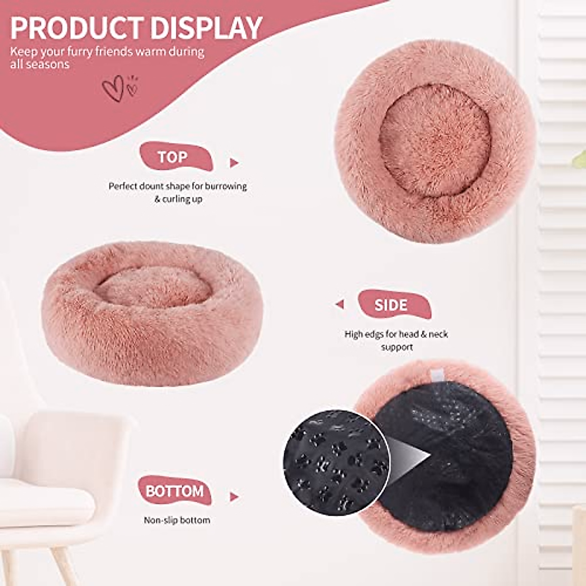 ZEJEUER Cat Bed, Small Dog Bed, Round Donut Washable Plush Fluffy Faux Fur Soft Cushion Beds for Indoor Pets