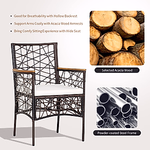 Tangkula Set of 4 Outdoor Dining Chairs, Patiojoy All-Weather PE Wicker Patio Bistro Chairs with Acacia Wood Armrests and Soft Cushions, Outdoor Armchairs for Porch, Garden, Poolside and Backyard