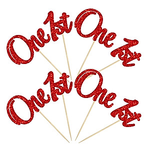 Gyufise 24Pcs 1st Birthday Cupcake Toppers Glitter First Birthday One Cupcake Picks for Baby Shower 1st Birthday Party Cake Decorations Supplies Red