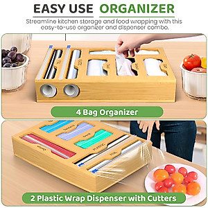 PrimeNex Ziplock Bag organizer, Ziplock Foil and Plastic Wrap Dispenser with Cutter, 6 in 1 Bamboo Kitchen Drawer Plastic Bag Food Baggie Organizer for Drawer Gallon, Quart, Sandwich, Snack (Natural)