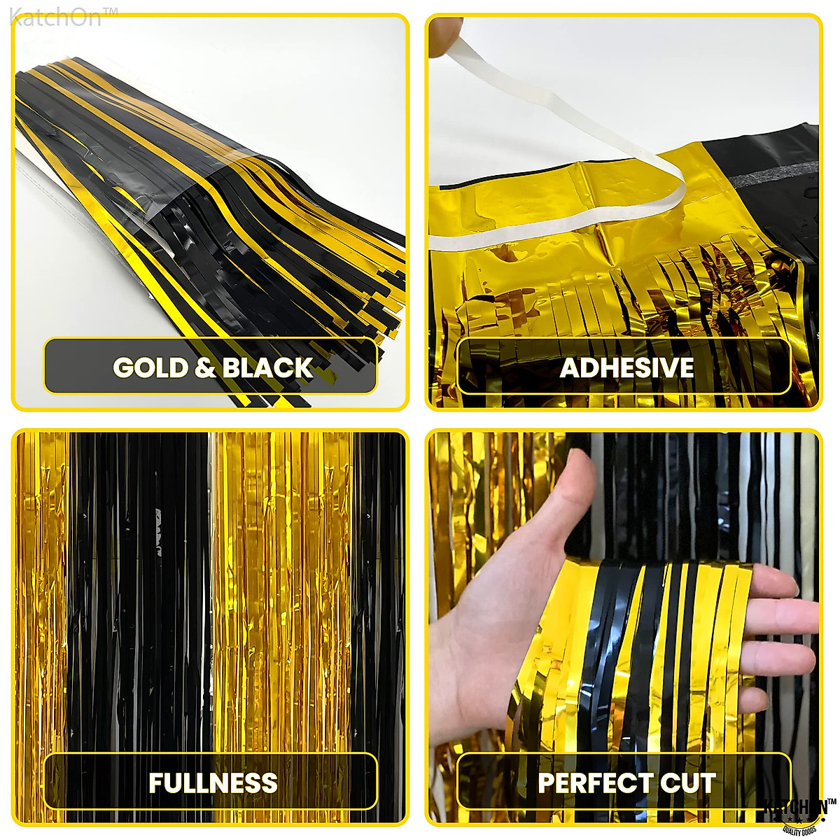 KatchOn, Xtralarge Black and Gold Streamers - 8x3.2 Feet, Pack of 2 | Black and Gold Fringe Curtain for Black and Gold Party Decorations | Black and Gold Backdrop, Graduation Decorations 2024