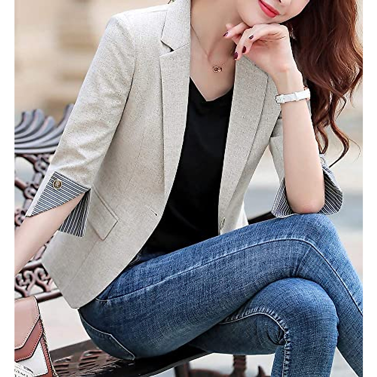 SUSIELADY Womens Notched Lapel Pocket Single Button Casual Work Office Blazer Jacket Slim Fit Blazer for Business Lady