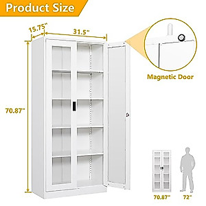 LISSIMO Tall Bookcase Storage Cabinet with Tempered Glass Door,Metal Glass Display Cabinet with 4 Adjustable Shelves,5-Tier Curio Cabinet for Home, Study, Living Room and Office (White)