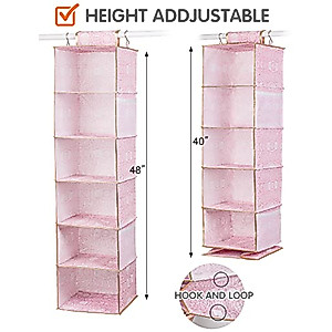 DAMAHOME Hanging Closet Organizer Storage - 6-Tier Collapsible Hanging Shelves with Sturdy Hooks, 4 Side Pockets, Foldable Sweater Organizer, For Closet/Kids/RV/ Camper/Dorm 12"W X 12"D X 48"H (Pink)