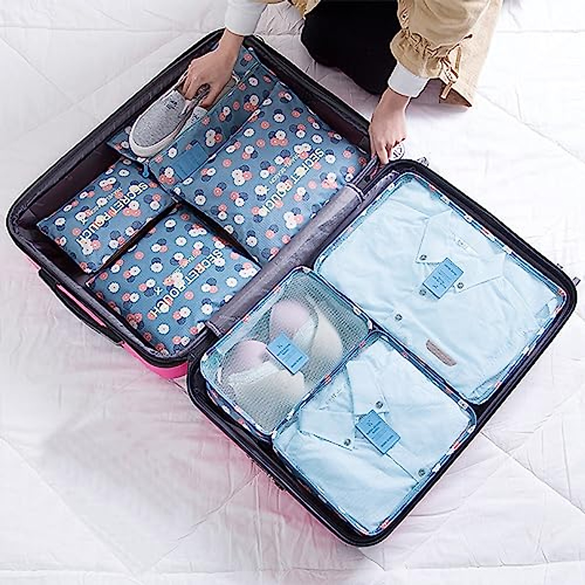Laebevon 7 Set Packing Cubes with Shoe Bag Travel Luggage Organizer, Blue Flower)
