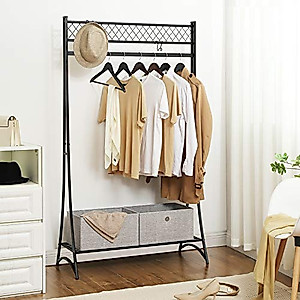 SONGMICS Clothes Garment Rack, Holds 110 lb, Elegant Tower Design, Grid Mesh Bottom Shelf, Clothing Rack for Bedroom Entryway, 37 x 15.9 x 64.6 Inches, Matte Black