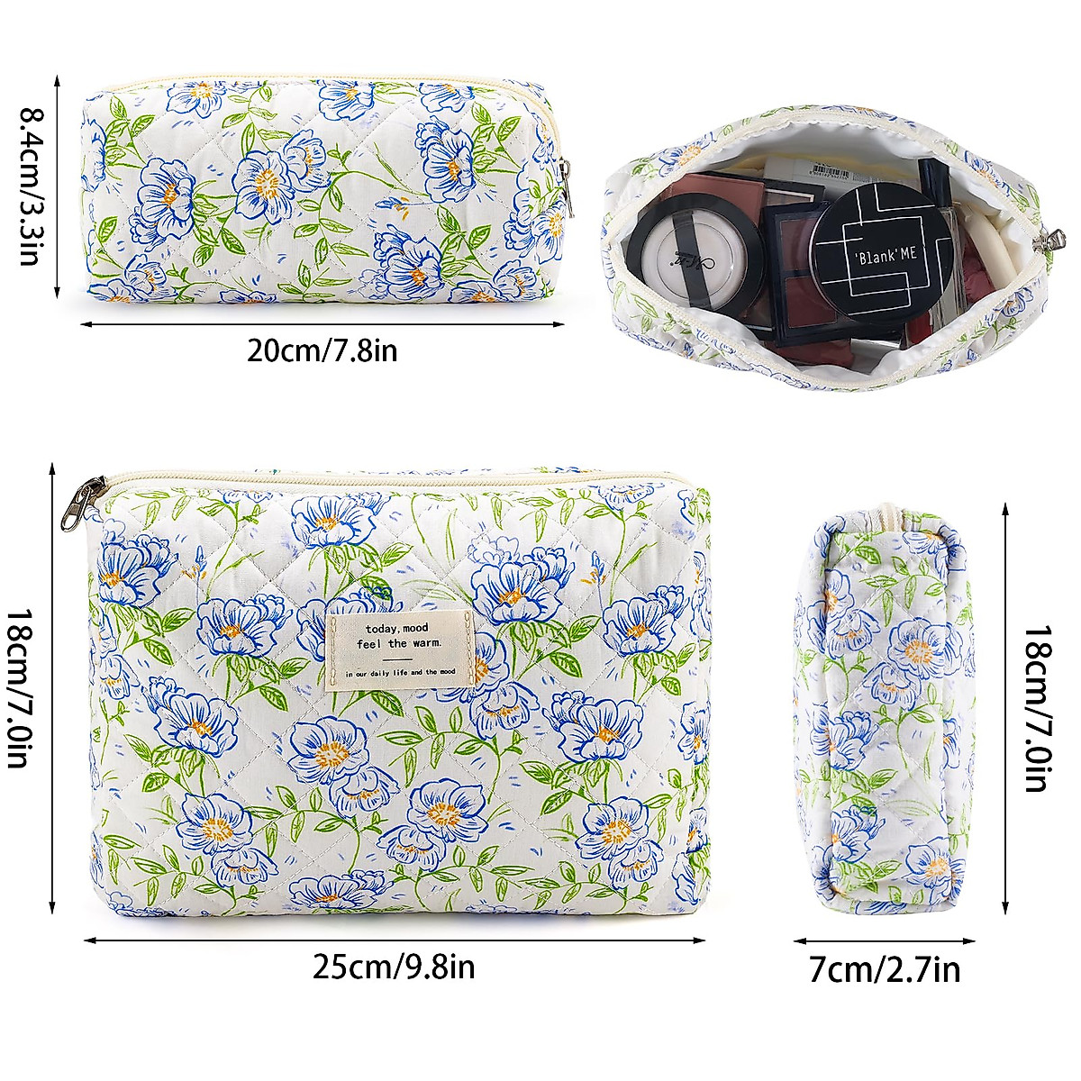 Quilted Cotton Cosmetic Bag 2Pcs Coquette Makeup Bag Travel Makeup Bag for Women Large Makeup Pouch Aesthetic Floral Cosmetic Pouch Toiletry Bag for Women Gift for Lover Daughter Sister Mom
