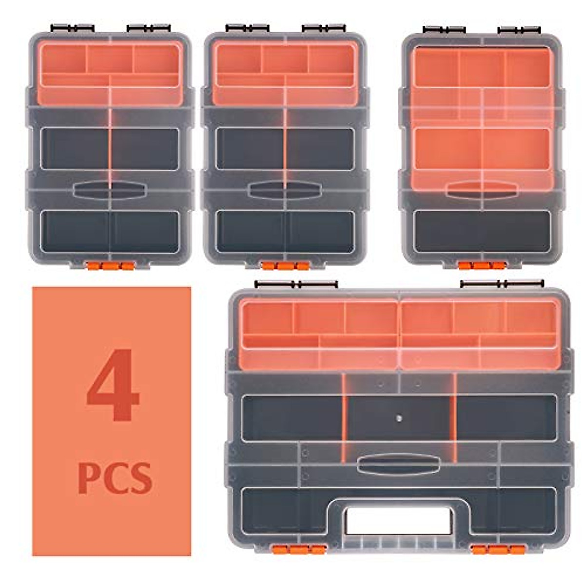 MIXPOWER 4 Piece Set Toolbox Hardware & Parts Organizers, Versatile and Durable Storage, Customizable Removable Plastic Dividers, storage and carry, Black/Orange