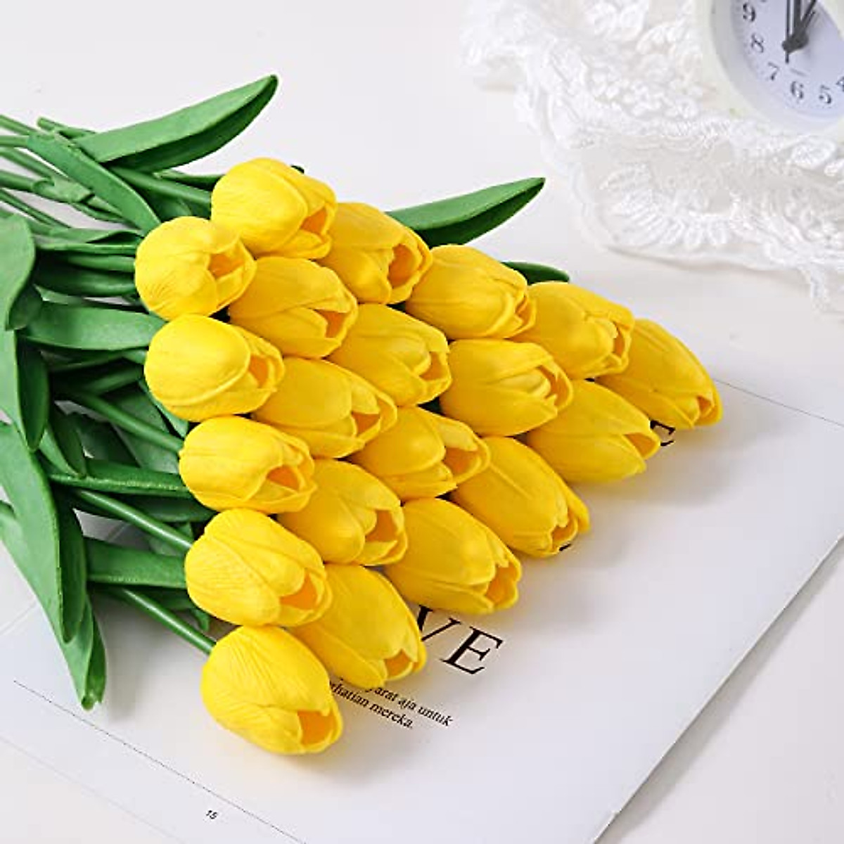 Starryle 10Pcs Yellow Tulips Real Touch Artificial Tulips Fake Flowers for Spring Decor Tulips for Mother’s Day Faux Flowers for Home Kitchen Office Wedding Bouquet Flower Arrangement Decor