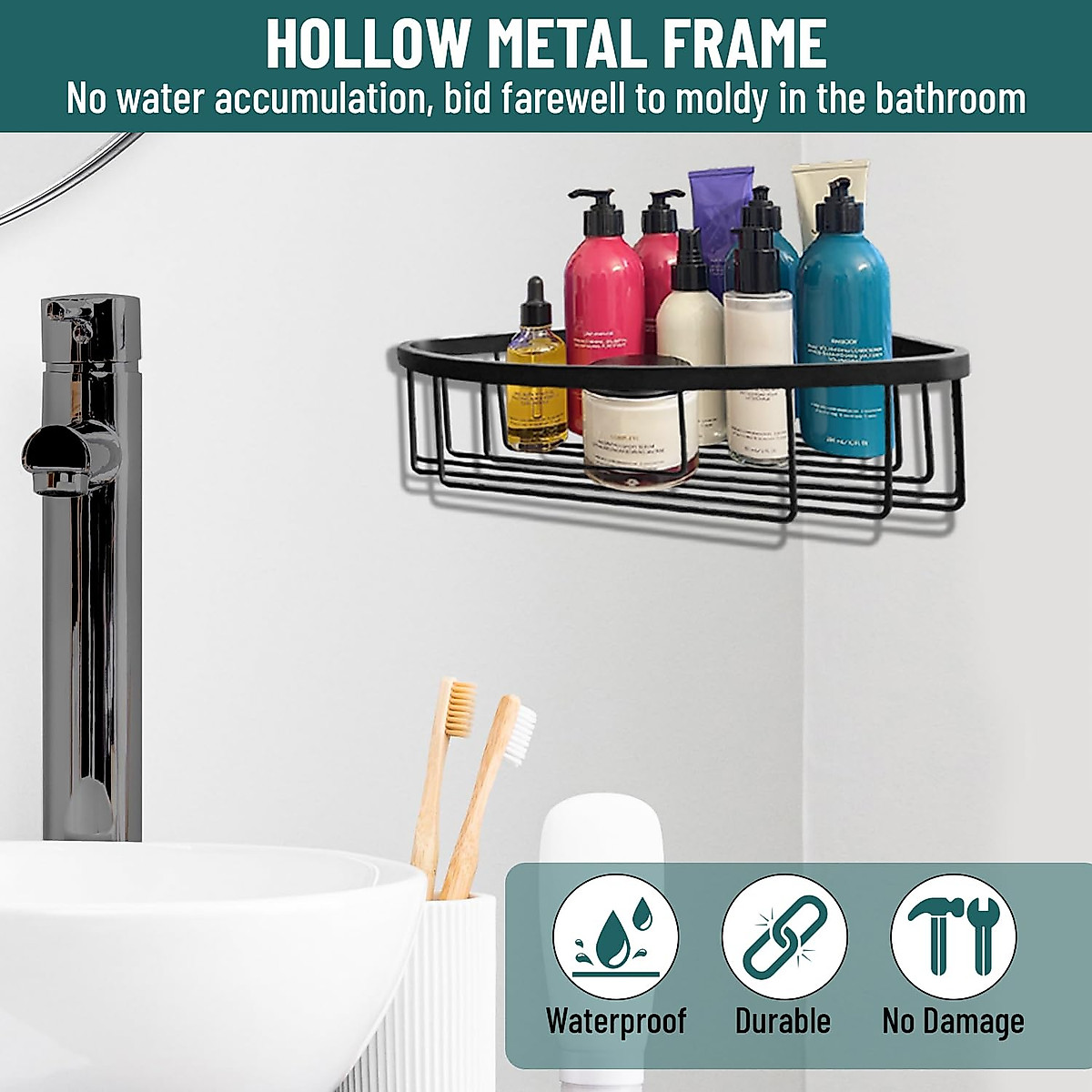 Stainless Steel Wall Mount Shower Caddy, Single Hook & Bath Wipe | Waterproof Durable Corner Shower Rack for Bathroom |Space Saving Bathroom Organizer & Storage for Shampoos Soap Bath Items | Black