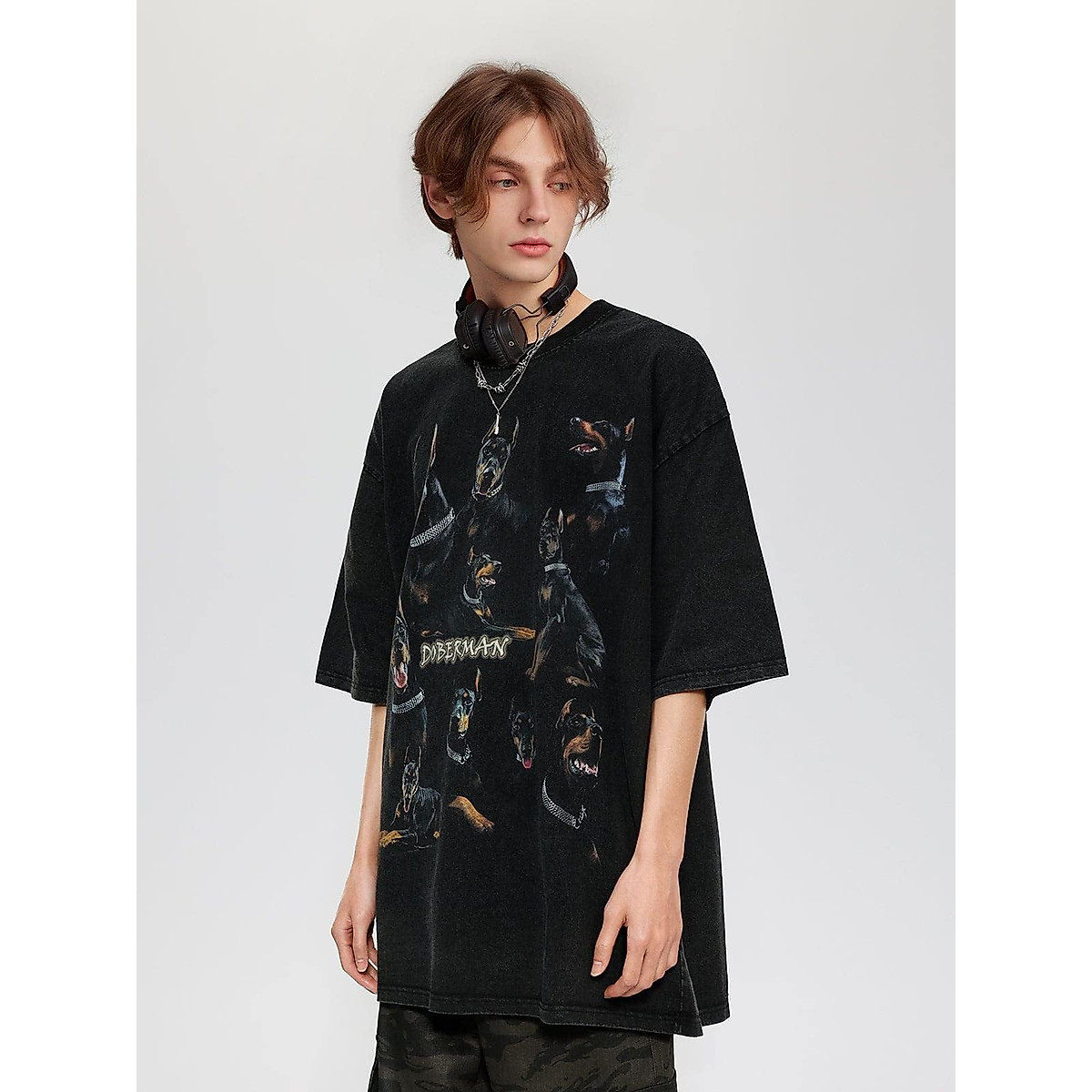 Aelfric Eden Graphic Tees Shirts Oversized Doberman T Shirt Doggy Washed Streetwear Unisex Crewneck Summer Tops Black XL