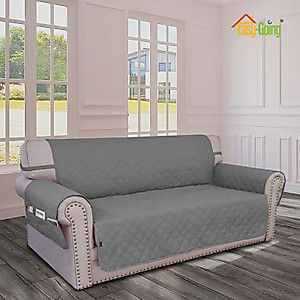Easy-Going Waterproof Oversized Loveseat Covers Leakproof Couch Cover for 2 Cushion Couch Sofa Cover Washable Sofa Slipcover Non-Slip Furniture Protector with Pocket for Pets (Medium-XL, Grey)