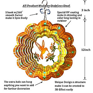 LJlifArt Wind Spinner Hummingbird 12 inches 3D Stainless Steel Mandala Decor Laser Cut Metal Art Geometric Pattern Hanging Wind Spinner Kinetic Yard Art Decorations Indoor/Outdoor Decor