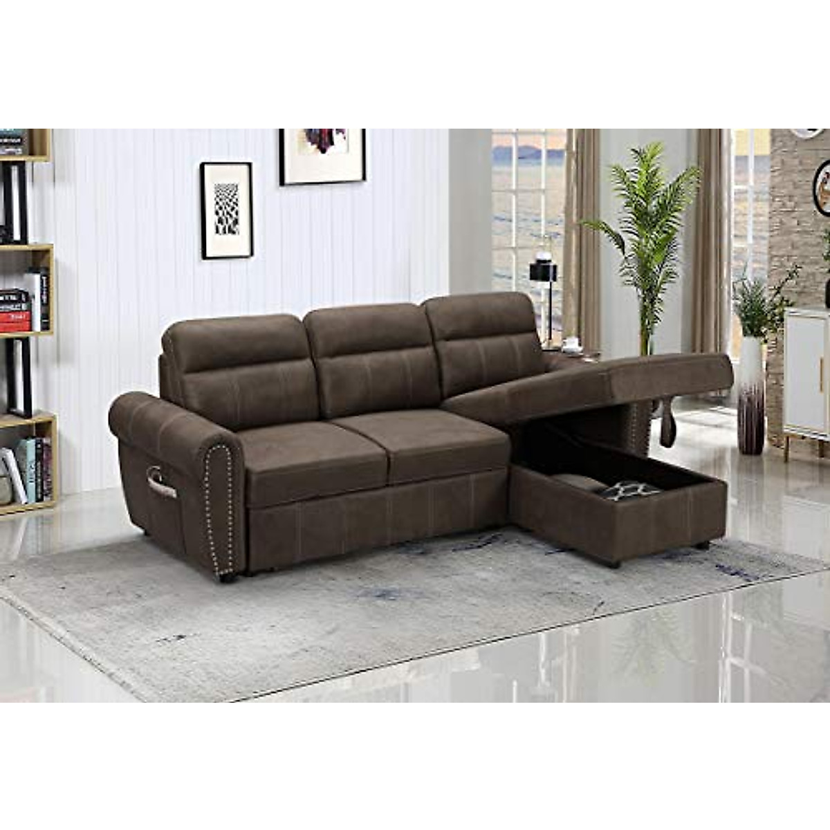 FANYE L-Shaped Oversized Reversible Convertible Tufted Sleeper Sectional Sofa with Pull Out Sleeper Couch Bed,USB Ports, Nailhead Decor Armrests and Storage Chaise for Living Room