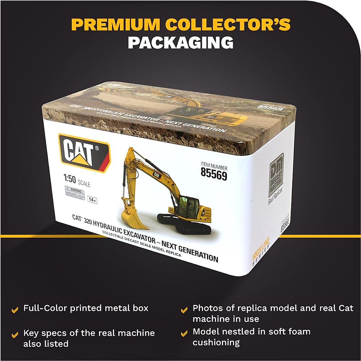 Diecast Masters 1:50 Caterpillar 320 Hydraulic Excavator | High Line Series Cat Trucks & Construction Equipment | 1:50 Scale Model Diecast Collectible | Diecast Masters Model 85569