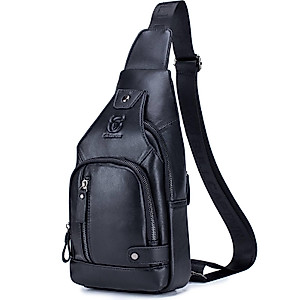 BULLCAPTAIN Leather Sling Bag Mens Chest Bag Casual Shoulder Crossbody Bags Travel Hiking Backpacks Daypack with USB Charging Port (Black)