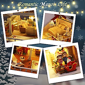 DIY Miniature Dollhouse Kit, 3D Wooden Puzzle Christmas Tiny House Model Kit with Music Box LED Light Dust Proof Cover, 3D Wooden Puzzle for Adults Couple, Handmade Crafts Home Decor Gift (Snow Villa)