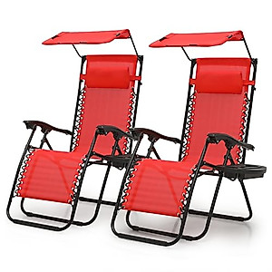 Magshion Zero Gravity Chair with Canopy Set of 2, Reclining Outdoor Patio Lounge Chair, Folding Anti Gravity Recliner, Portable Lounger with Removable Cup Holder Side Tray and Pillow Headrest (Red)