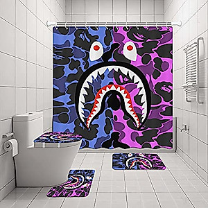 APEIHVG Fashion 4 Pcs Shower Curtain Sets Non-Slip Rugs, Toilet Lid Cover Contour Mat and Bath Mat Waterproof Bath Curtain with 12 Hooks Shark Mouth Teeth Bathroom Decor Set
