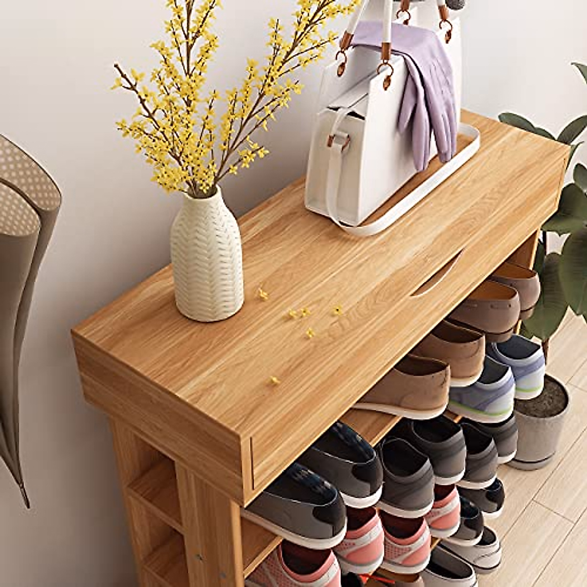 soges 5-Tier Wooden Shoe Rack with Storage Cabinet, 29.5 inches Vertical Free Standing Shoe Shelf, Shoe Organizer Storage Cabinet for Entryway, Living Room, Hallway, Doorway, Teak