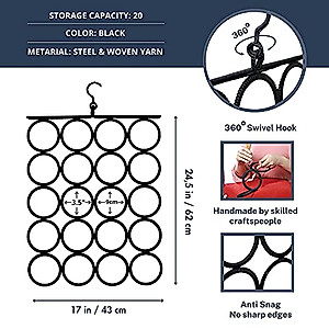 KLEAFS Handmade Crocheted Scarf Hanger for Closet Organization, Closet Organizers for Scarves, Shawl, Tie, Belts & Accessories, Space-Saving Scarf Organizer 20 Rings (Beige 360° Swivel) (Black)