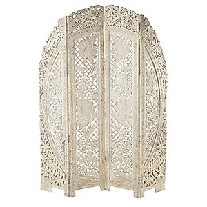 Deco 79 Wood Floral Handmade Hinged Foldable Arched Partition 4 Panel Room Divider Screen with Intricately Carved Designs, 60" L x 2 "W x 72"H, White