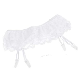 Women Ladies Cute Lace Suspender Garter Belt Lingerie Sets with G-String Mini Skirt for Thigh High Stockings by Nevera White
