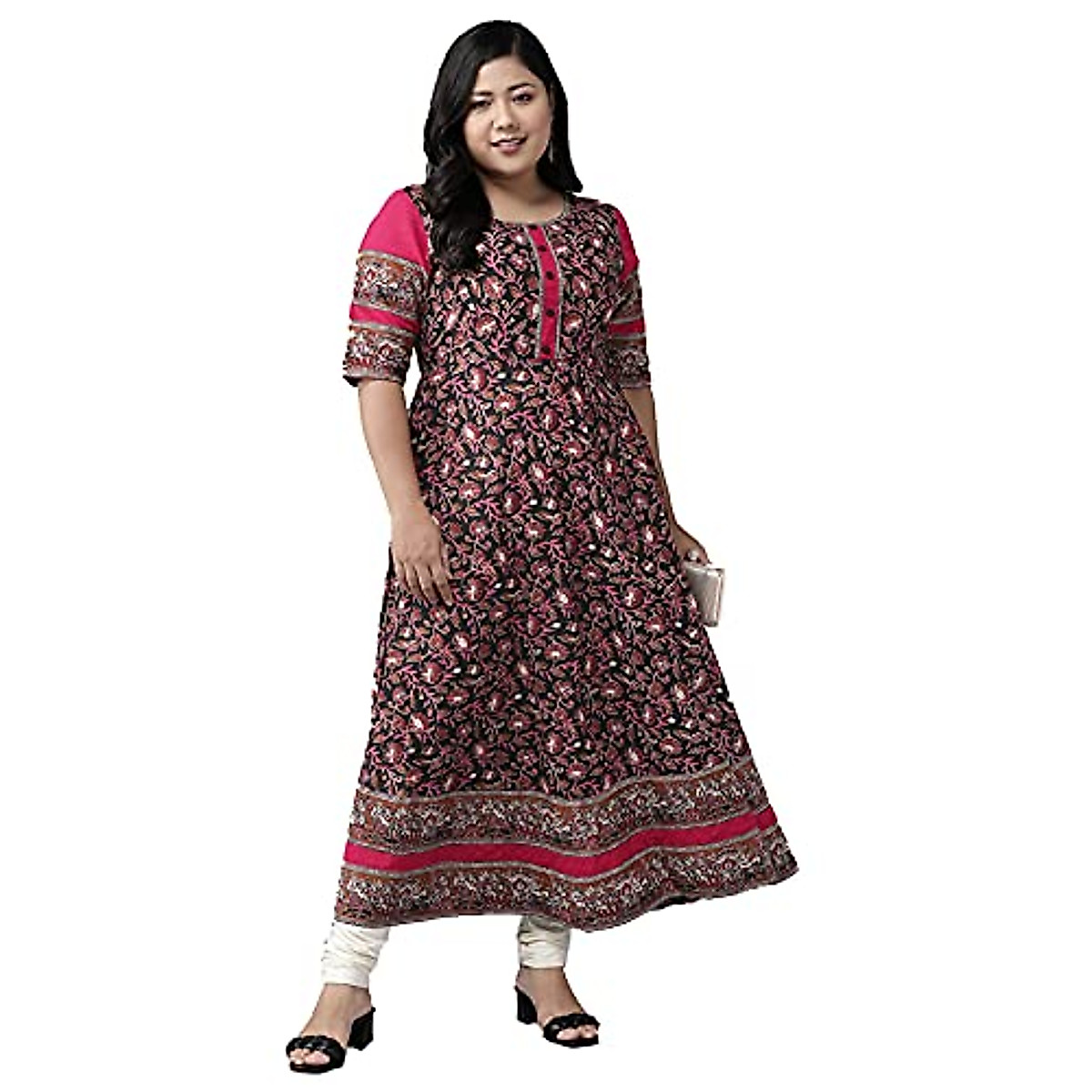 Yash Gallery Women's Plus Size Cotton Floral Printed Anarkali kurta (Black)