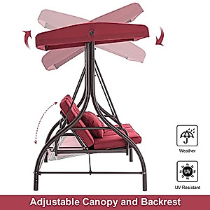 MCombo 3-Seat Outdoor Patio Swing Chair, Adjustable Backrest and Canopy, Porch Swing Glider Chair, w/Cushions and Pillows, 4068 (Burgundy)