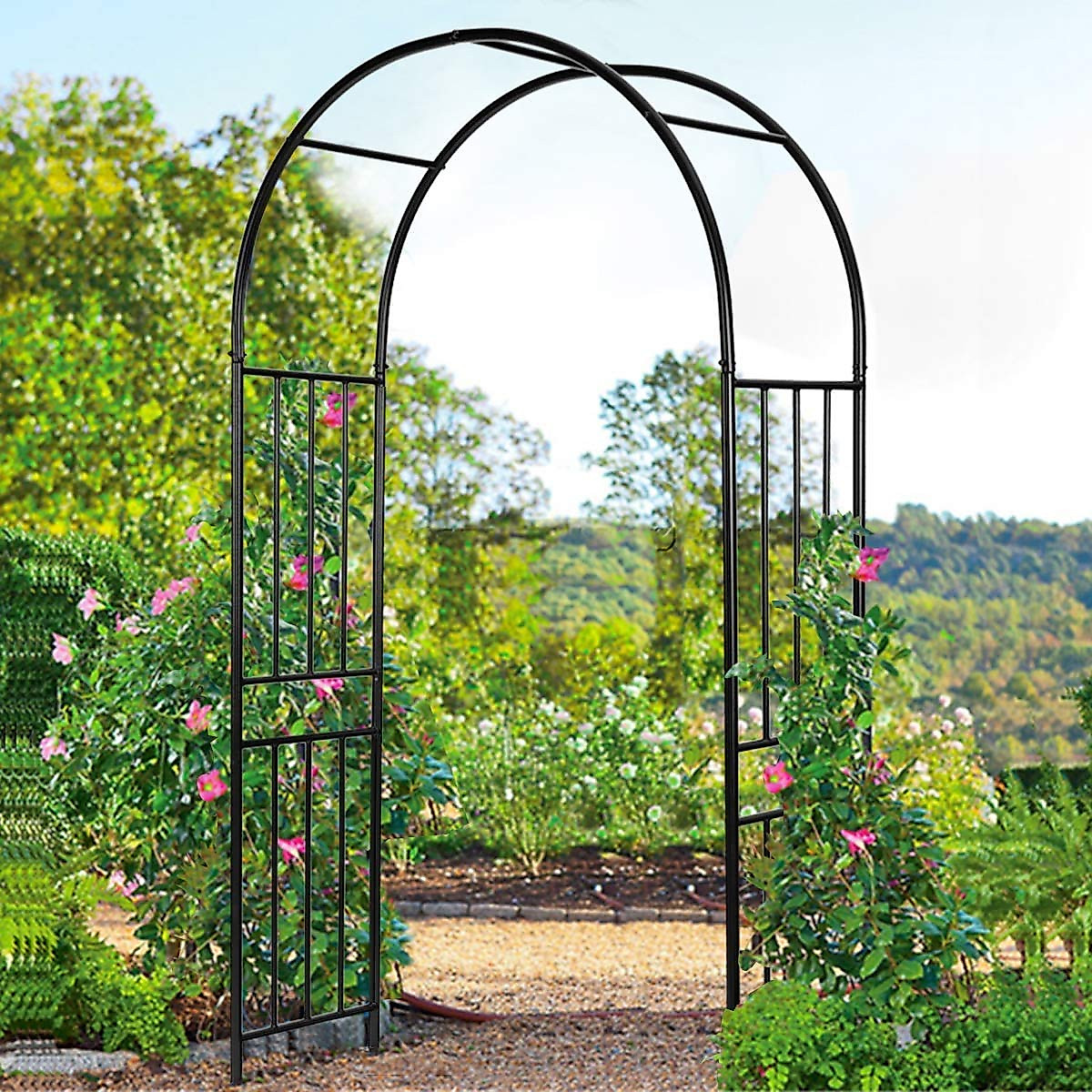 LDAILY Moccha Garden Arch Arbor Trellis, 7.2Ft Outdoor Steel Arbor with Stakes, Metal Archway for Climbing Plants, Wide Sturdy Durable Garden Arch for Lawn, Party, Ceremony Wedding Decoration, Black