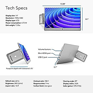 SideTrak Swivel 14” Patented Attachable Portable Monitor for Laptop | FHD TFT Laptop Dual Screen | Mac, PC & Chrome Compatible | Fits All Laptops | Powered by USB-C or Mini HDMI (Light Silver)