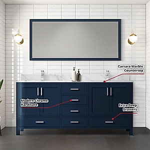 Bell+Modern Big Sur 72 in. W x 22 in. D Navy Blue Double Bath Vanity and Carrara Marble Top