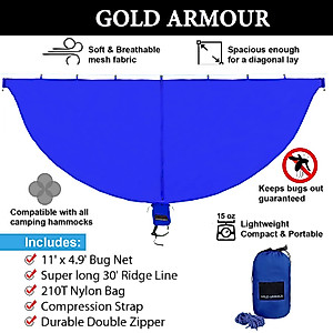 Gold Armour Camping Hammock with Bug Net - XL Double Hammock Portable Hammock Camping Accessories Gear Mosquito Bug Net Set for Outdoor Indoor, USA Based Brand (Blue & Gray)