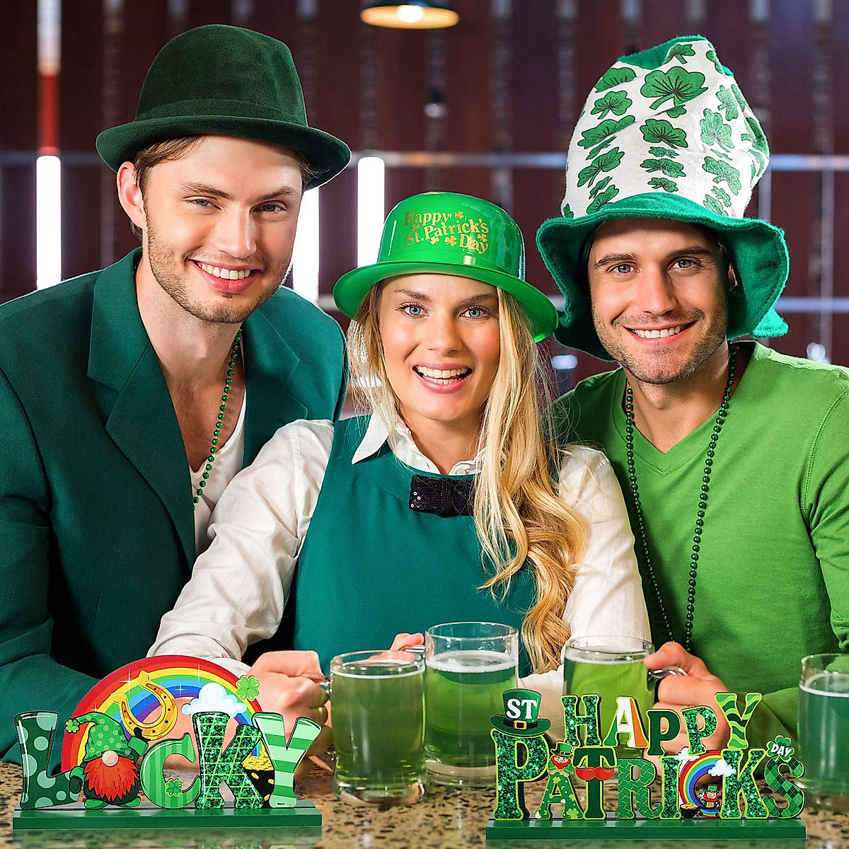 3 Pieces St. Patrick's Day Table Decoration Shamrock Sign Table Centerpiece Leprechaun Decoration Wooden Irish Themed Decors for St. Patrick's Day Holiday Dinner Coffee Tier Tray, 7.87 x 4.72 inch