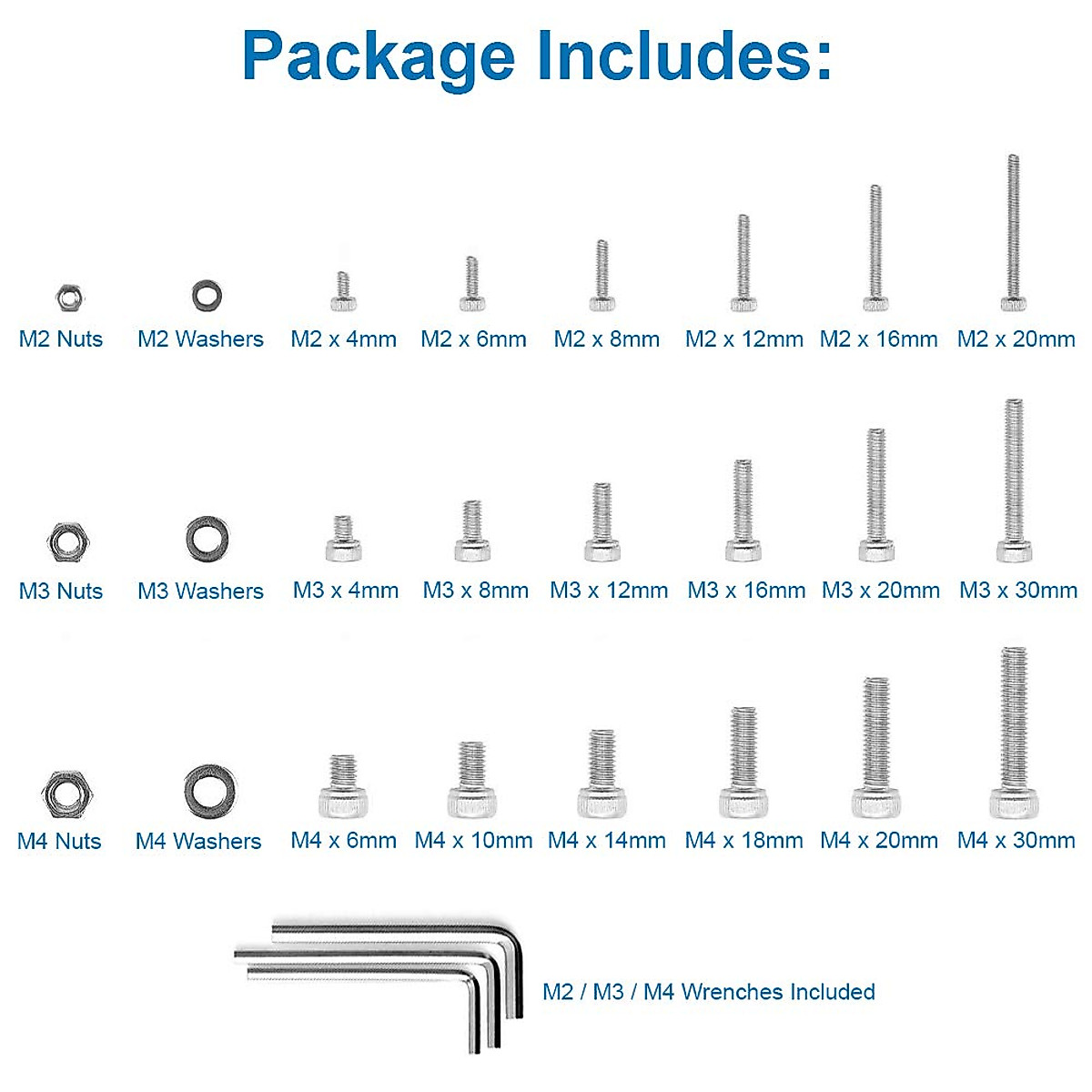 MMOBIEL Stainless Steel Screws Nuts 1080 Pcs - M2 M3 M4 - Hex Socket Assortment Kit - Head Cap Screws Nuts and Washers - Precise Metric Screws - Incl. Wrenches