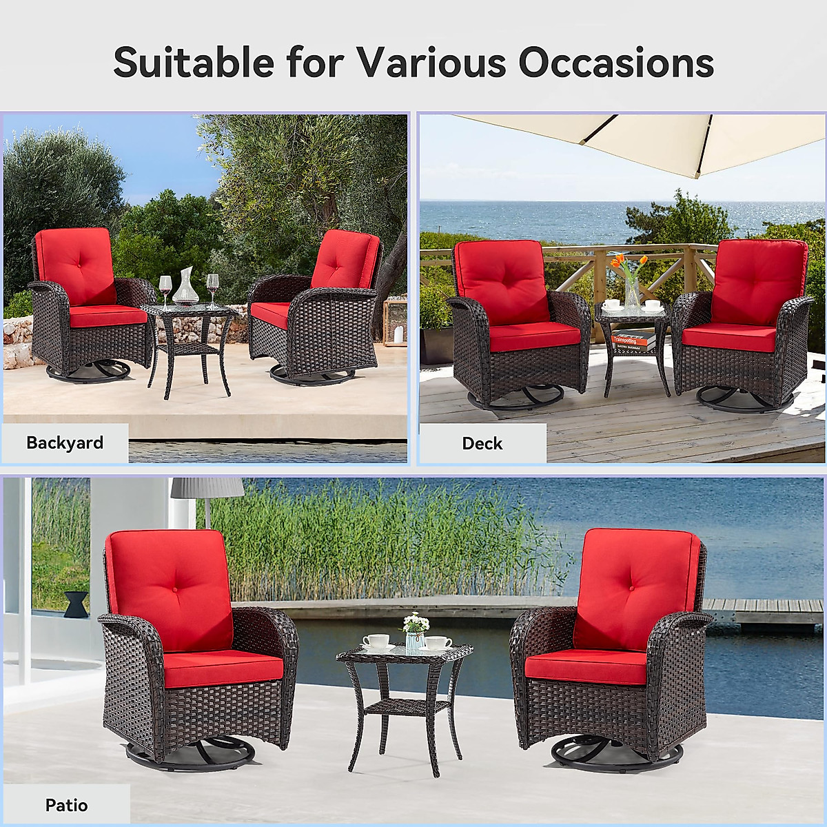 Gardenbee Patio Swivel Glider Wicker Chairs - Outdoor Swivel Rocking Chairs Set of 4 with 2 Wicker Side Tables, Patio Swivel Rocker Chair 6 Piece Patio Furniture Sets for Patio Porch Deck(Brown/Red)
