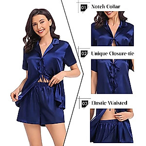 SWOMOG Womens Silk Satin Pajamas Sets Short Sleeve Sleepwear Tie Front PJs Sets Two-Pieces Loungewear