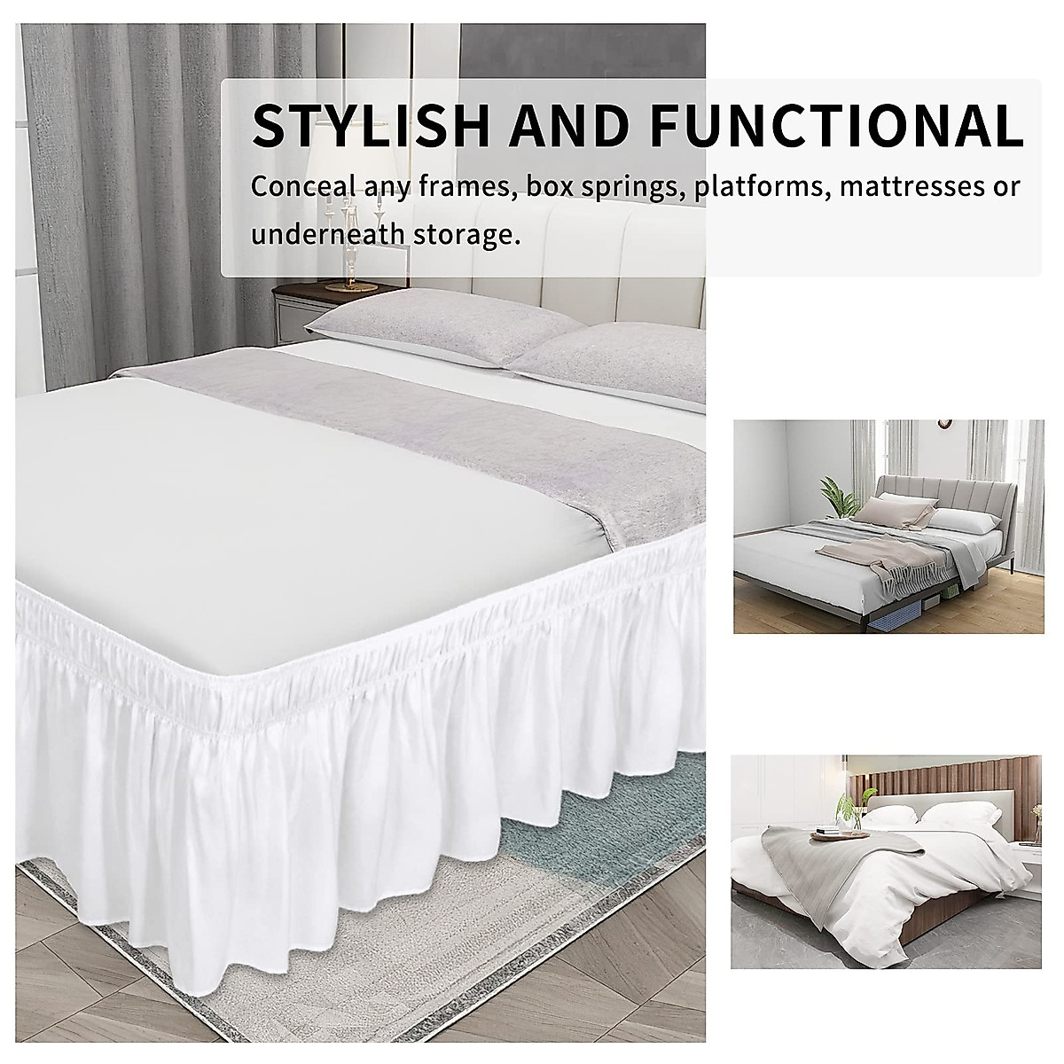 Easy-Going Bed Skirt for Queen or King Size Bed, 18 Inch Tailored Drop, Fitted with Adjustable Elastic Belt, Convenient to Use Without Lift The Mattress (Queen/King, White)