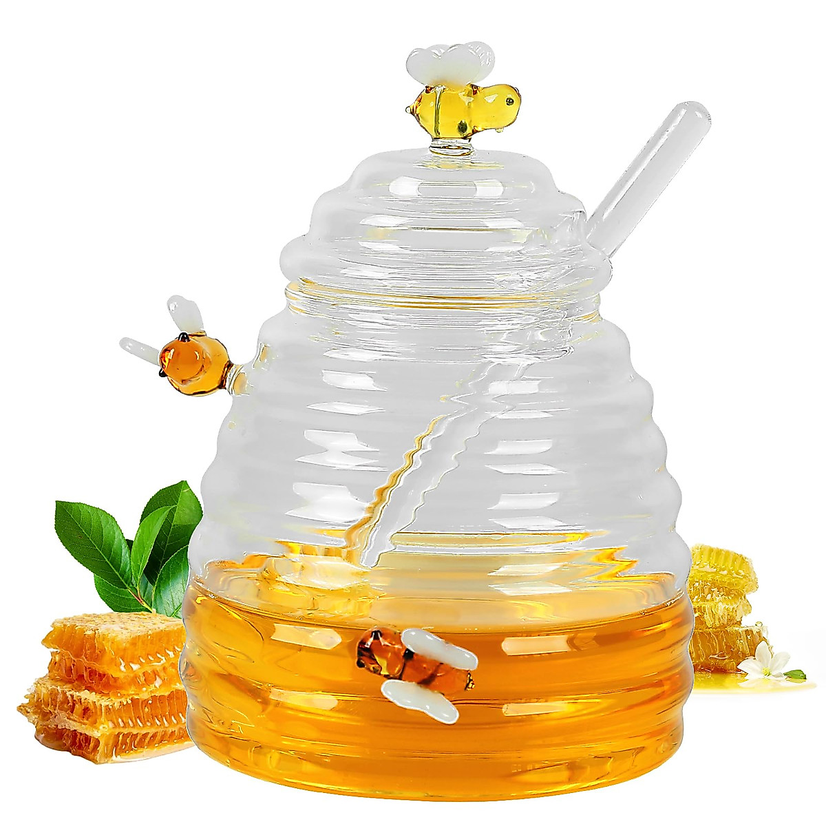 zhqinger Honey Jar with Dipper and Lid Glass Jars with Cute Little Bee Large Glass Jar Honey Syrup Container for Kitchen Coffee Bar Baking
