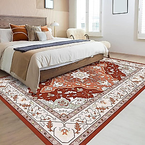 HOMFINE Washable Area Rug 8x10 - Vintage Rugs for Living Room, Low Pile Rug for Bedroom Dining Room, Ultra-Soft, Non Slip, Medallion Carpet for Home Decor Orange Area Rug