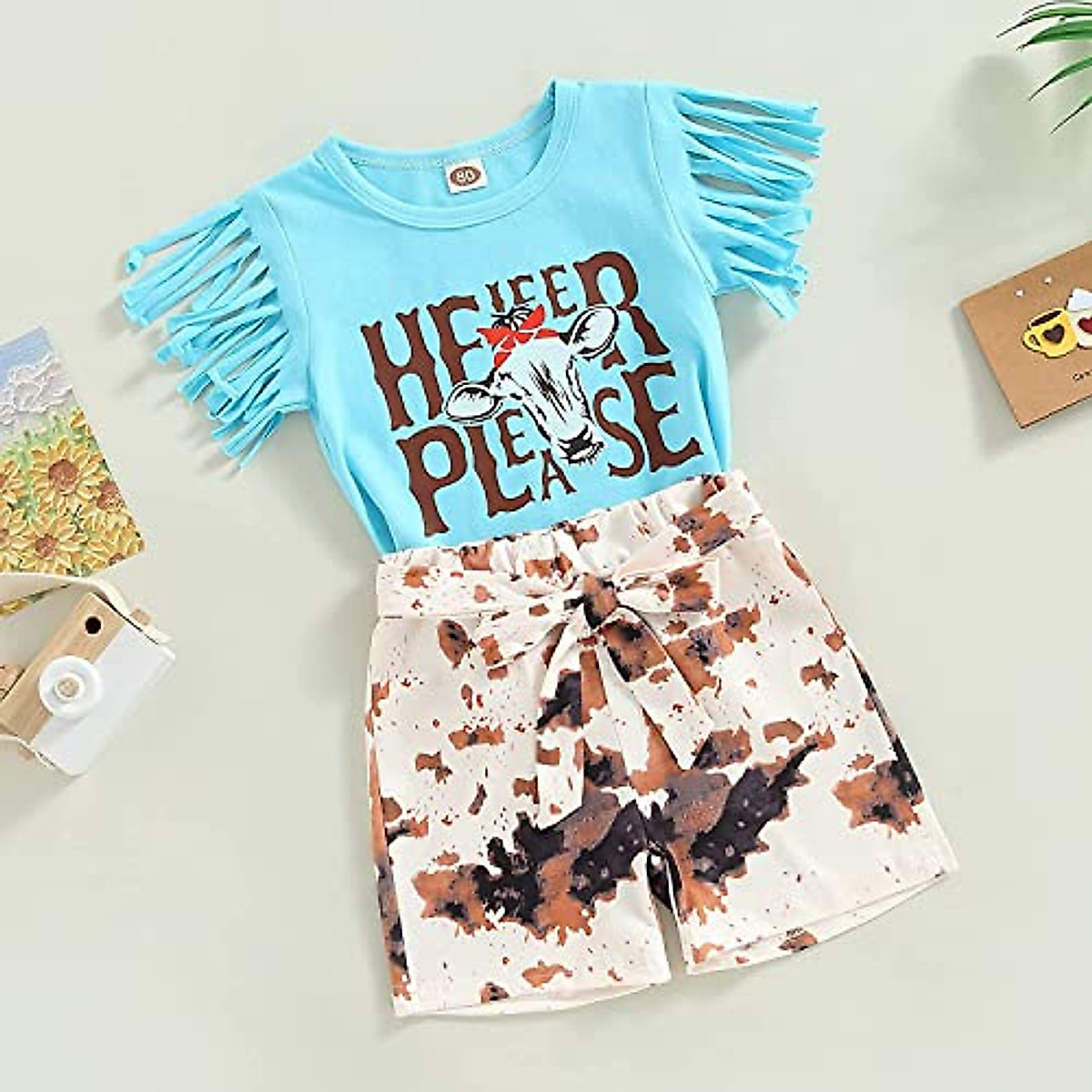 Bonangber Western Baby Girl Clothes Short Sleeve Cow T-Shirt Bell Bottoms Flared Pants Set Toddler Girls Summer Outfit (Blue Cows,4-5T)