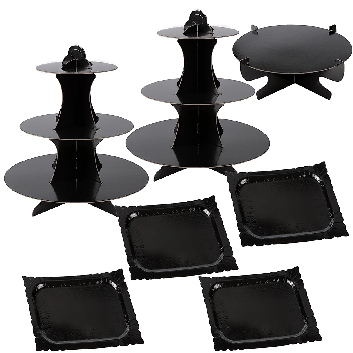 7 Set Black Cupcake Stand 3-Tier Cardboard Cupcake Tower Stand Disposable Cake Stand Holders Rectangle Serving Tray 1-Tier Round Cake Stand Platters for Easter Party Supplies