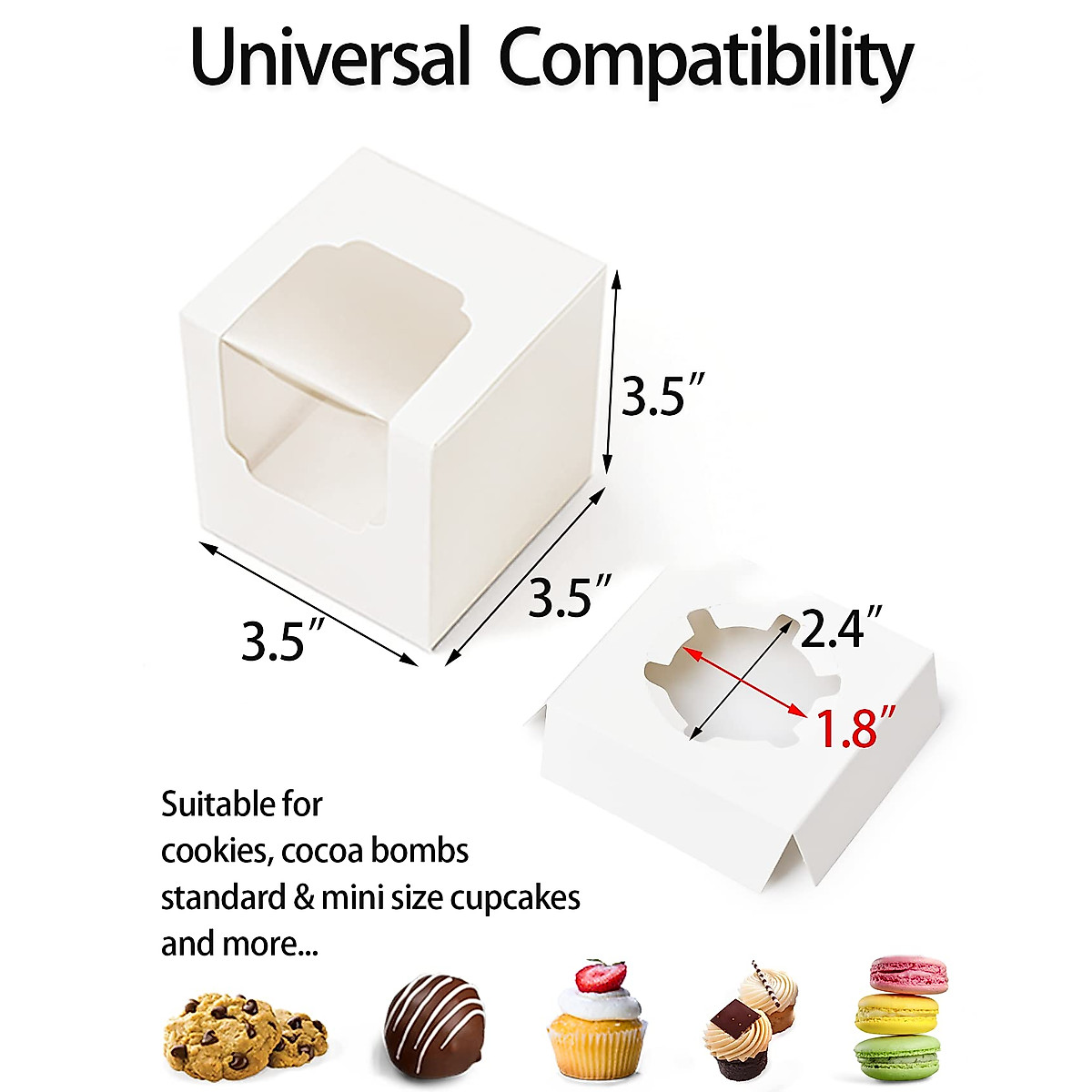 Happyhiram Cupcake Boxes 50 Pcs White Individual Cupcake Box, Single Cupcake Containers Cardboard Holders with Inserts and Window for Muffins Cocoa Bombs Packaging Togo Boxes for Birthdays Showers Party Favors Packing