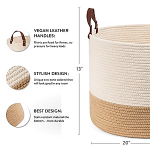 Extra Large Cotton Rope Basket KRUIO Collapsible Woven Laundry Basket with Handles for Laundry, Nursery, Toys, Towels, Blankets and Pillows Even More, Rope Storage Basket(20”x13”, Beige/Hemp Yellow)