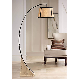 Franklin Iron Works Oak River Rustic Farmhouse Mission Style Arched Floor Lamp 66.5" Tall Dark Gray Black Wood Standing Base Mica Drum Shade for Living Room Reading House Bedroom Home Office